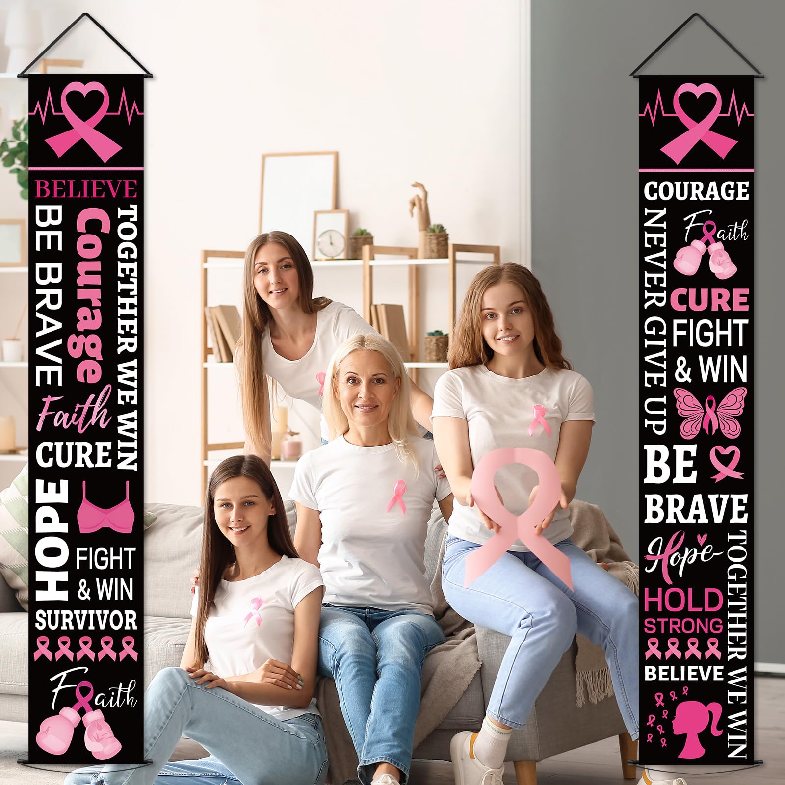 Pink Ribbon Party Decorations Breast Cancer Awareness Banner Porch Sign Hope Strength Courage Faith Black and Pink Door Banner Party Supplies for Pink Ribbon Breast Cancer Charity Theme Party Favors