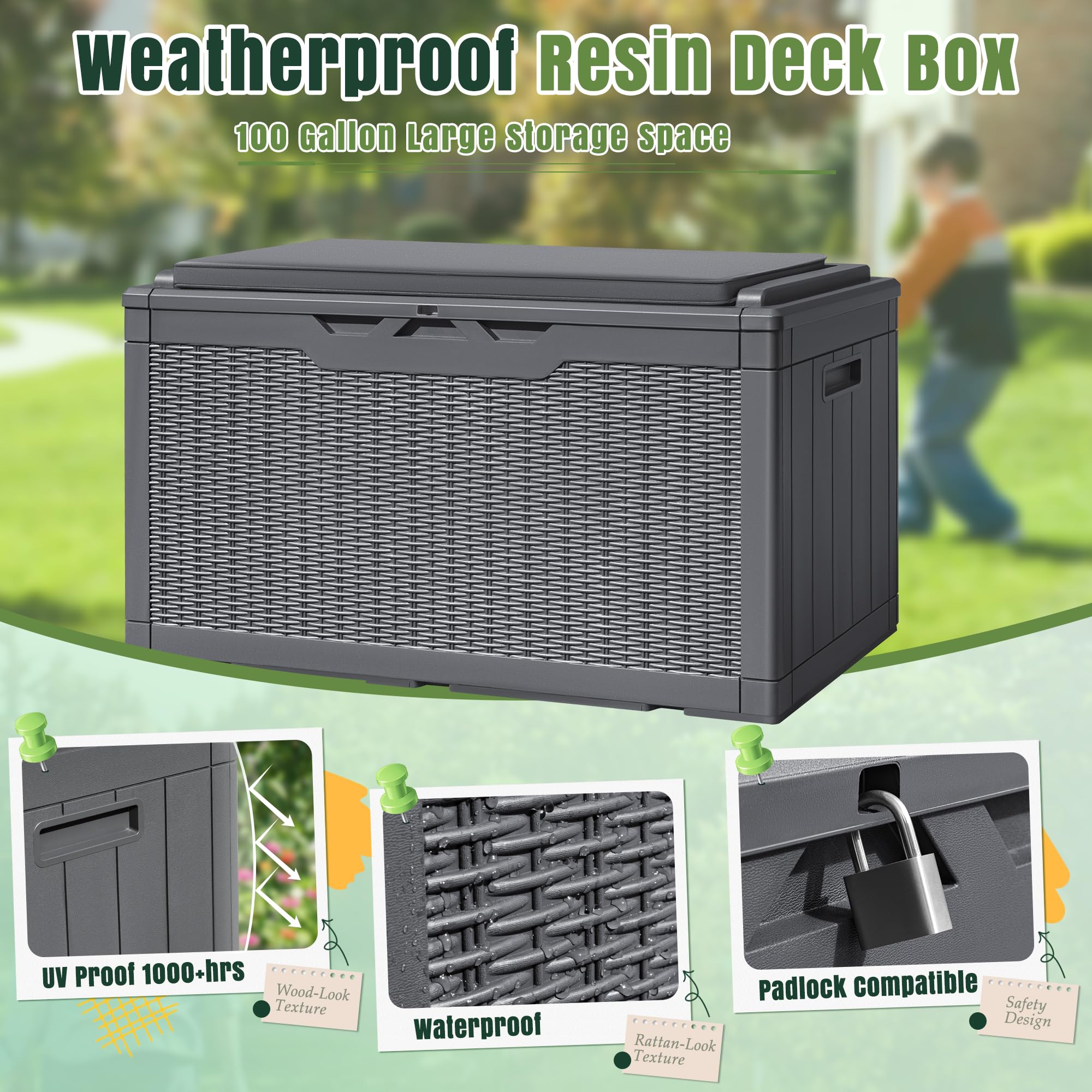 Greesum 100 Gallon Resin Deck Box Large Outdoor Storage with Cushions for Patio Furniture, Garden Tools, Pool Supplies, Weatherproof and UV Resistant, Lockable, Gray