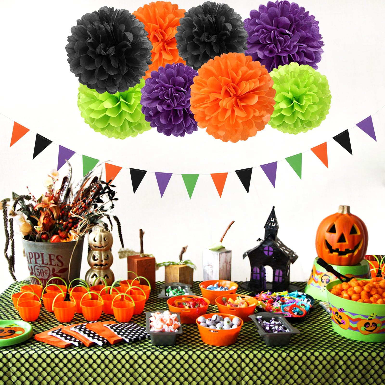 Black-Purple Orange Green Halloween Party-Decorations - 30pcs Tissue Pom Poms Streamers,Tassel Garland Banner,Birthday Wedding Baby Bridal Shower Decor Bunting Supplies Lasting Surprise