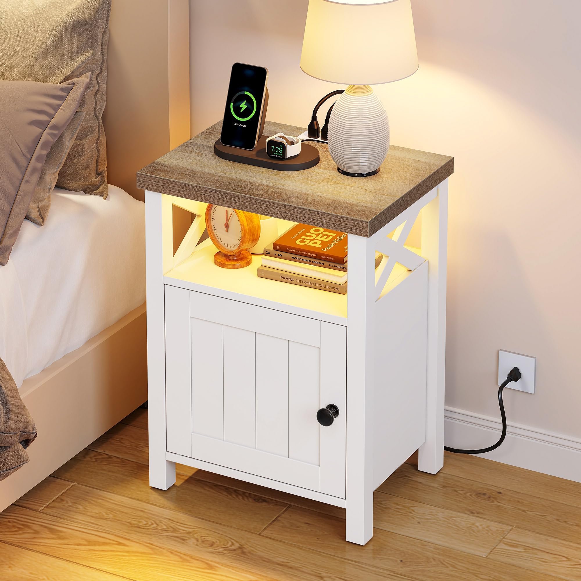 YITAHOME Farmhouse Nightstand with LED Lights & Charging Station, Night Stands with Storage Cabinet for Bedroom, End Side Table Bedside Table with Storage Shelf, X-Design, Set of 2, Wash Grey + White