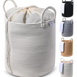 Woven Cotton Rope Basket Laundry Hamper with Dust Cover, Multi-Functional Storage for Clothes, Blankets, Toys, for Nursery, Bathroom, Bedroom, Dorms - Collapsible, Large, 14”x14”x17”, White