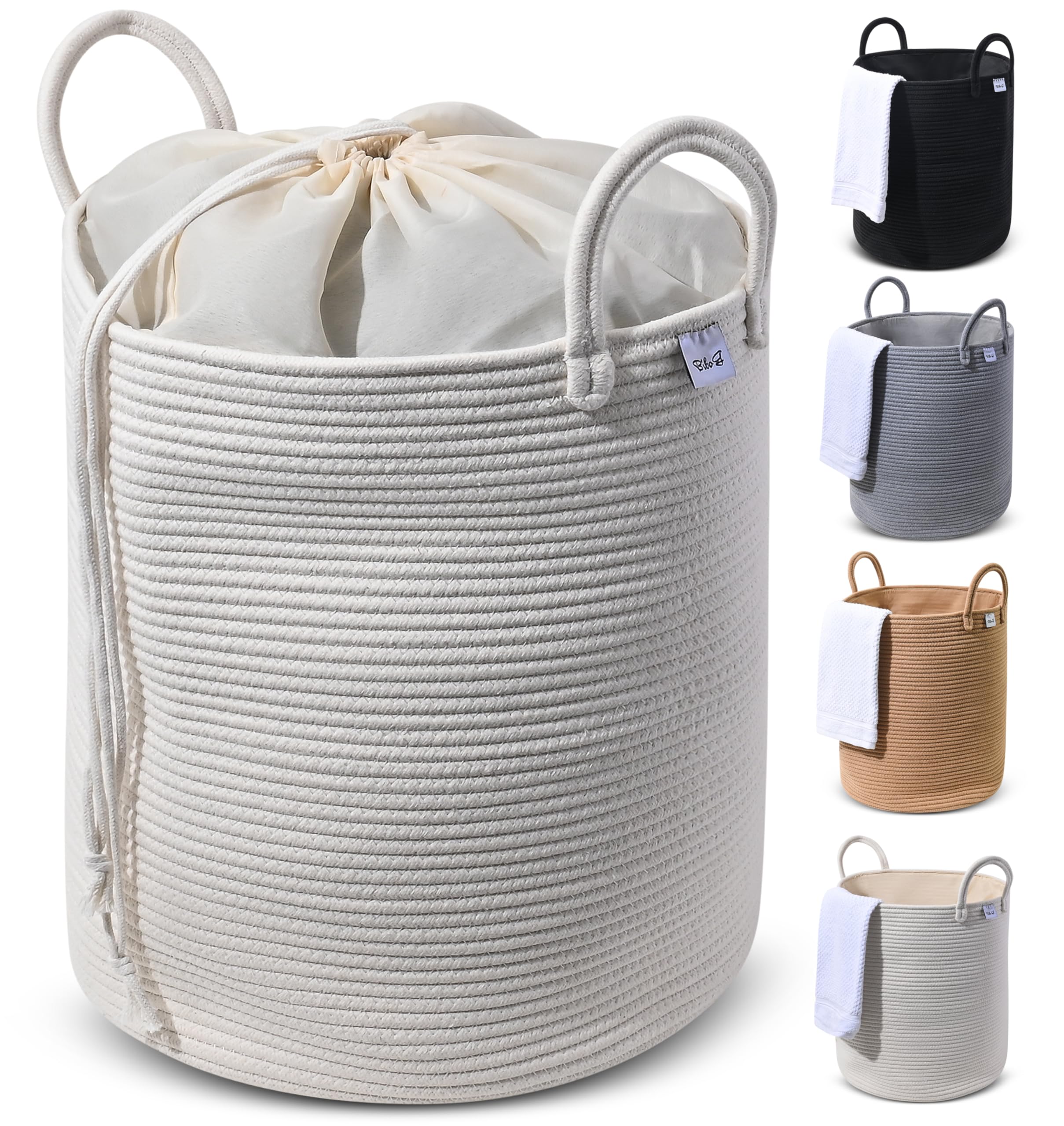 Woven Cotton Rope Basket Laundry Hamper with Dust Cover, Multi-Functional Storage for Clothes, Blankets, Toys, for Nursery, Bathroom, Bedroom, Dorms - Collapsible, Large, 14”x14”x17”, White