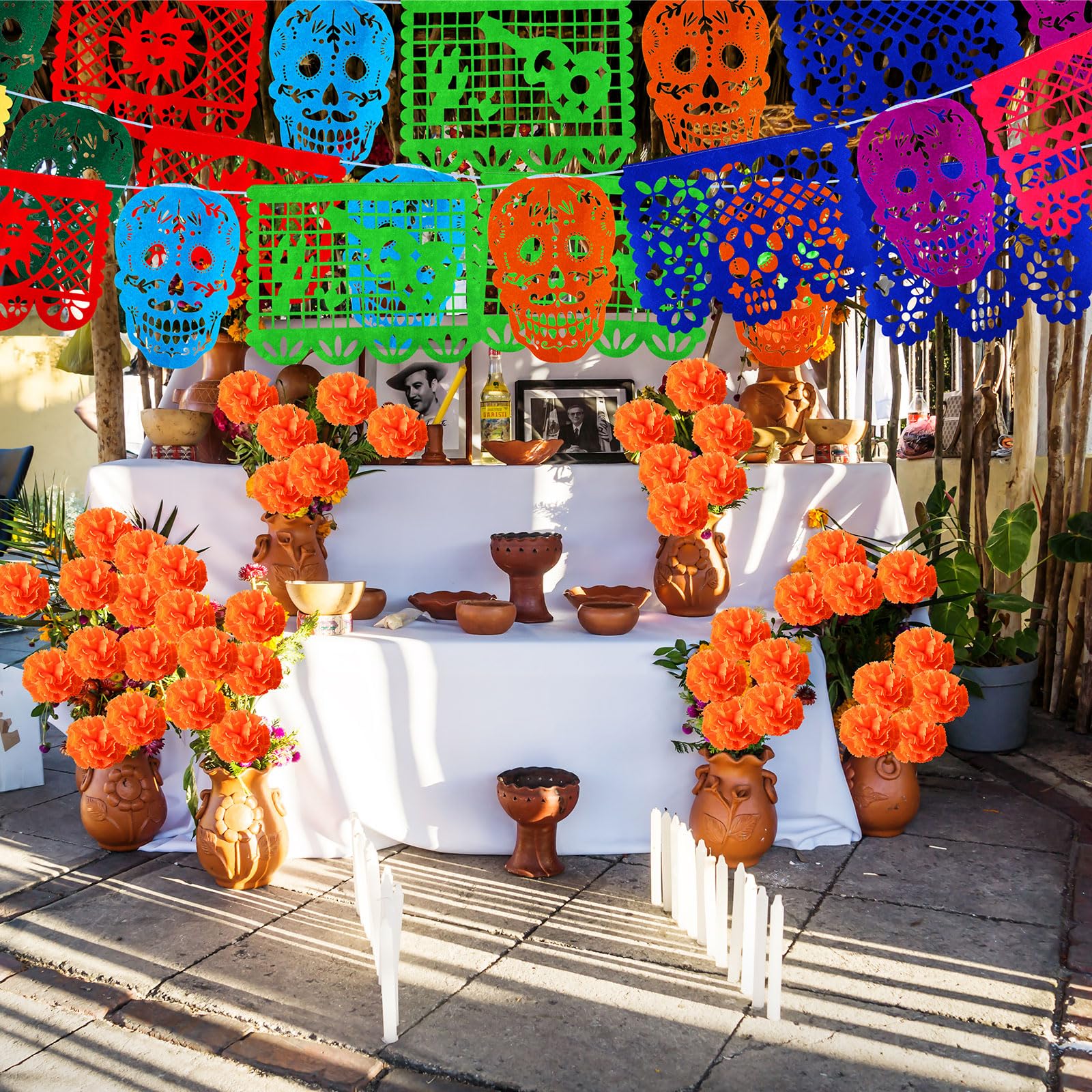 Riceshoot 79 Pcs Day of the Dead Decoration, 16.4 ft 9 Mexican Party Banners 4 Pcs Artificial Marigold Garland 24 Pcs Monarch Butterfly Decorations 50 Pcs Marigold Flower Heads for Dia De Los Muertos