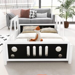 Full Size Car Bed, Wood Floor Bed Frame with Headboard & Footboard and 4 Side Rails, Kids Racecar Bed for Boys Girls Teens, White