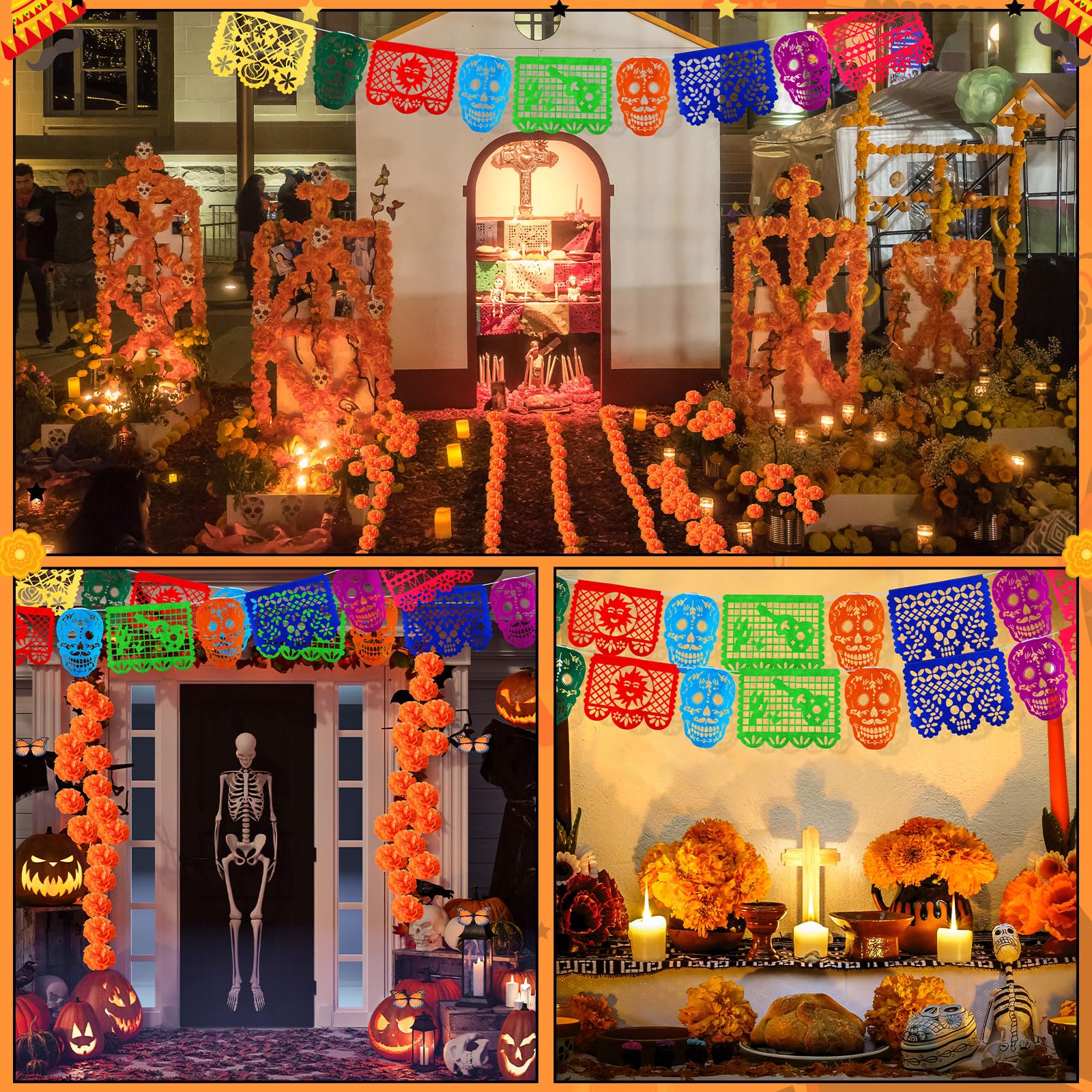 Riceshoot 79 Pcs Day of the Dead Decoration, 16.4 ft 9 Mexican Party Banners 4 Pcs Artificial Marigold Garland 24 Pcs Monarch Butterfly Decorations 50 Pcs Marigold Flower Heads for Dia De Los Muertos