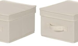 Household Essentials 111 Storage Box with Lid and Handle - Natural Beige Canvas - Medium,Natural Trim (Pack of 2)