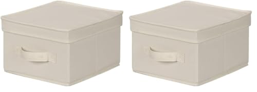 Household Essentials 111 Storage Box with Lid and Handle - Natural Beige Canvas - Medium,Natural Trim (Pack of 2)