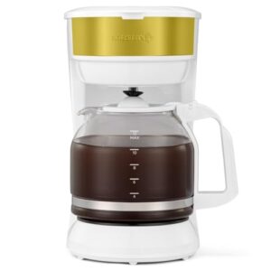 holstein housewares 12-cup drip coffee maker with auto keep warm and permanent filter - compact and user friendly design in white/gold color with auto pause and serve functions