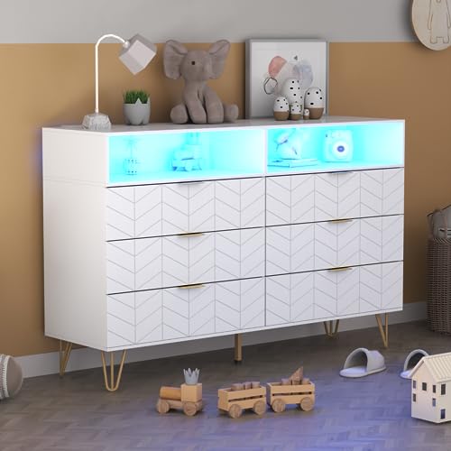 Loomie 6 Drawers Double Dresser with Power Outlet & LED Light,White Long Dresser Chests of Drawers with Storage Cubby,Wood Wide TV Dresser Stand for up to 55" for Bedroom,Hallway,Entryway