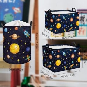 Clastyle Black Outer Space Planet Shelf Basket Cosmic Rocket Stars Toy Nursery Storage Bin Foldable Rectangle Clothes Books Storage Cube, 21 L