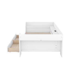 Harper & Bright Designs Twin Size Daybed with 2 Storage Drawers and Charging Station, Wood Twin Platform Bed Frame with USB Ports and Shelves, Twin Storage Bed for Kids Boys Girls Teens Adults,White