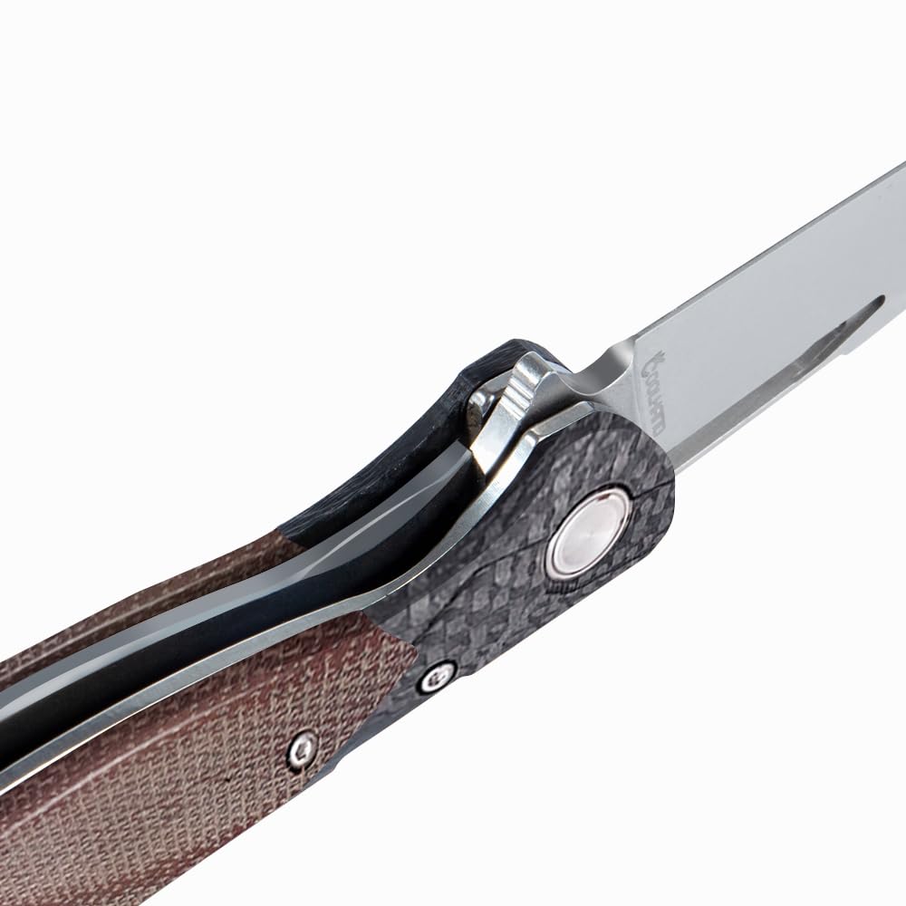 Cool Hand 4 3/8" Closed Ball Bearing Folding Knife, D2 Blade with Silver Stone Wash, Carbon Fiber Bolster & Micarta Handle, Liner Lock EDC Pocket Knives