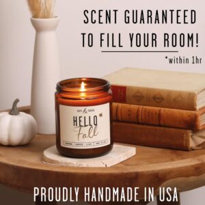 Fall Candles - 'Hello Fall Candle'' Autumn Scented Soy Candles for Home, Fall Scented Candles for Home, Fall Home Décor, 9oz Reusable Jar, 50Hr Burn, Made in USA