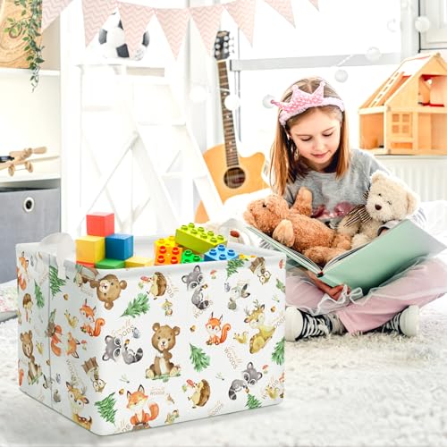 Clastyle Cute Woodland Animals Shelf Basket Bear Fox Squirrel Fir Tree for Nursery Storage Bin Rectangle Clothes Books Toy Storage Cube, 36L