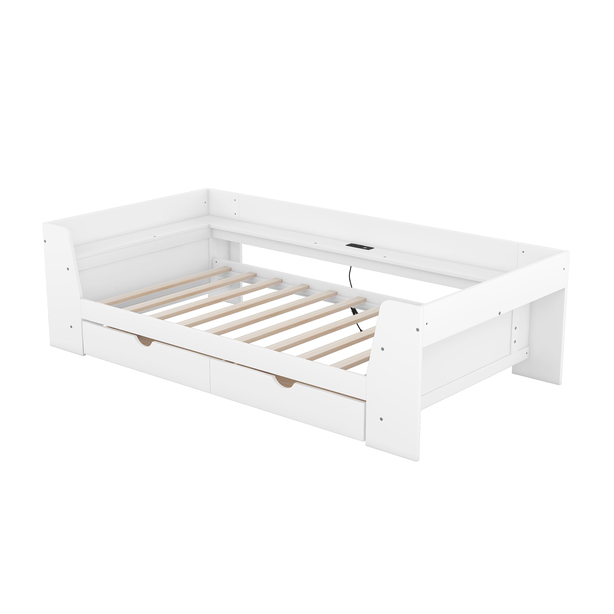 Harper & Bright Designs Twin Size Daybed with 2 Storage Drawers and Charging Station, Wood Twin Platform Bed Frame with USB Ports and Shelves, Twin Storage Bed for Kids Boys Girls Teens Adults,White