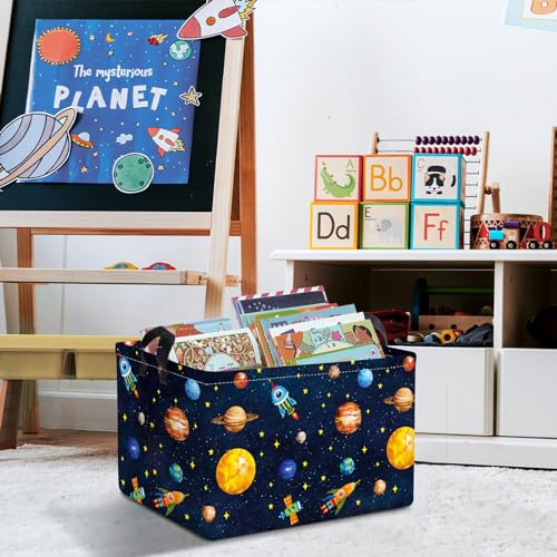 Clastyle Black Outer Space Planet Shelf Basket Cosmic Rocket Stars Toy Nursery Storage Bin Foldable Rectangle Clothes Books Storage Cube, 21 L