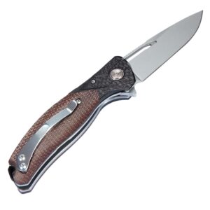 Cool Hand 4 3/8" Closed Ball Bearing Folding Knife, D2 Blade with Silver Stone Wash, Carbon Fiber Bolster & Micarta Handle, Liner Lock EDC Pocket Knives