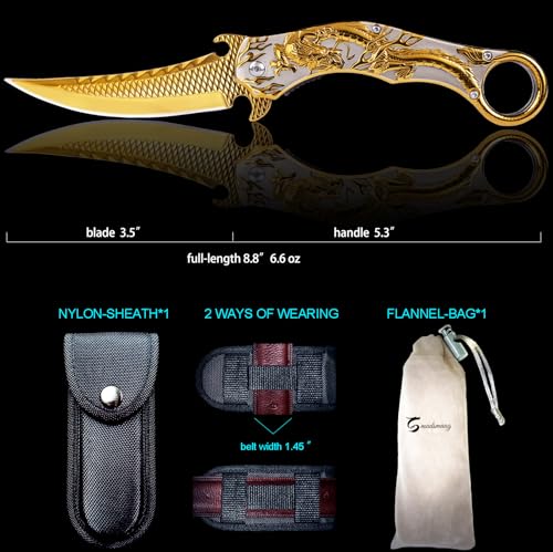 MADSMAUG Pocket Knife, 9Cr18Mo BLADE Pocket Folding Knife With Sheath, Cool 3D Dragon EDC knife, Great Gift Pocket Knife For Men Outdoor Survival Camping (Gold)