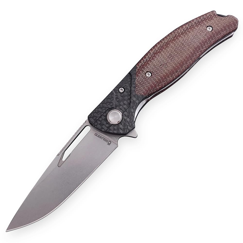 Cool Hand 4 3/8" Closed Ball Bearing Folding Knife, D2 Blade with Silver Stone Wash, Carbon Fiber Bolster & Micarta Handle, Liner Lock EDC Pocket Knives