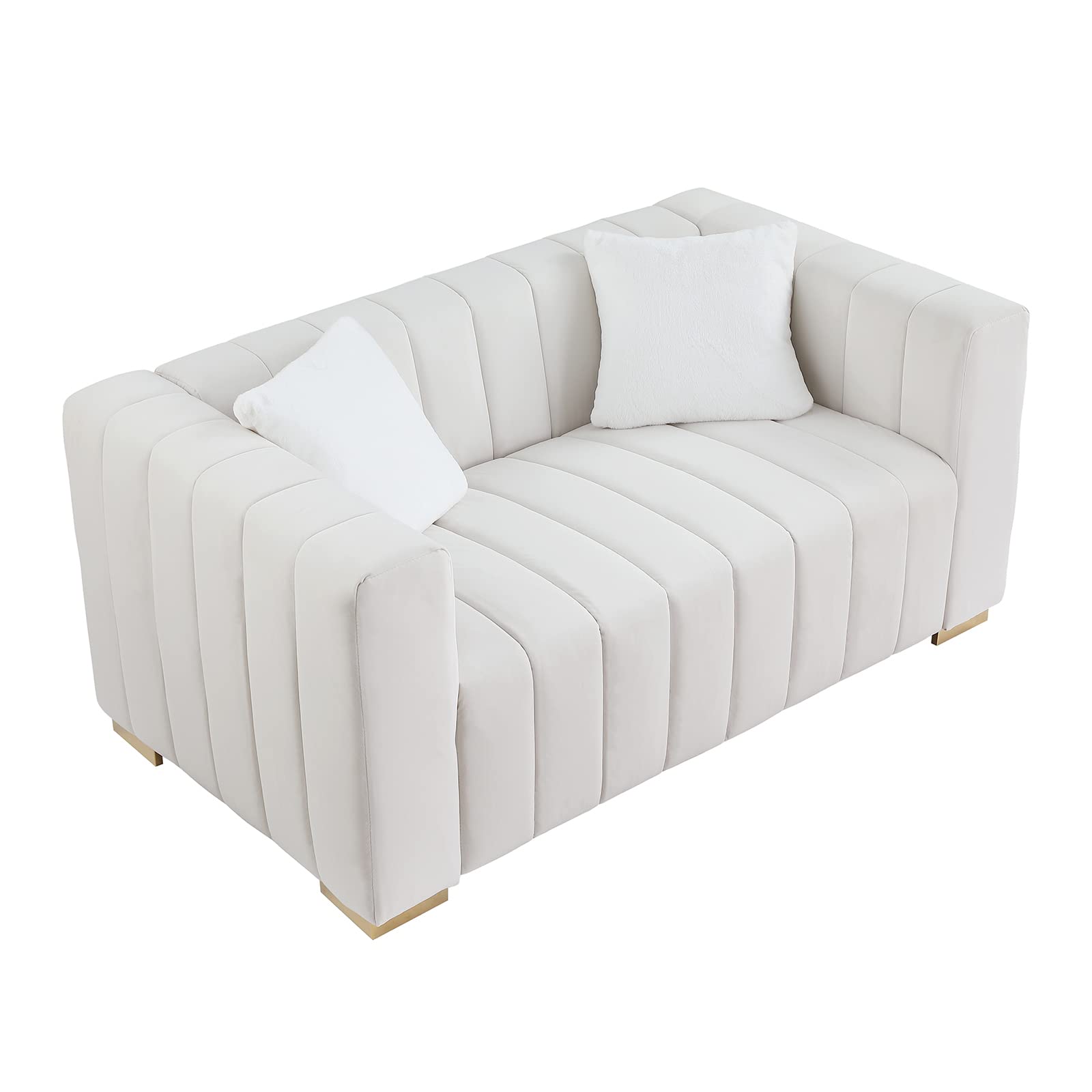 DREAMODERN 62.6'' Chesterfield Sofa Loveseat Couch for Living Room, Modern Velvet 2-seat Upholstered Sofa Couch with Pillows and Strong Gold Metal Legs for Apartment Bedroom Dorm Office - White