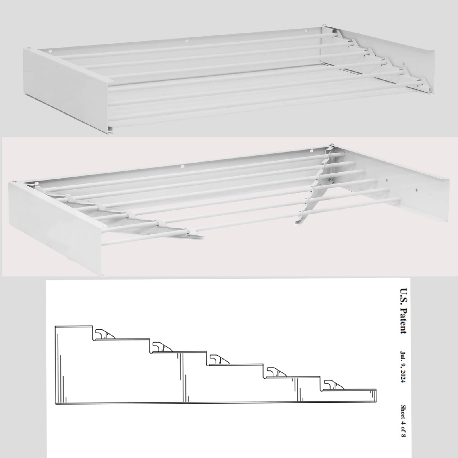 Wall Mounted Drying Rack 40",Laundry Drying Rack Collapsible, Retractable Clothes Drying Rack, 5 Aluminum Rods, 60 lb Capacity, with Wall Template, Screw, Drill Bit (White 40" Large)