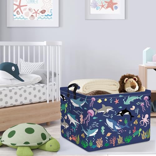 Clastyle Shark Whale Shelf Basket for Kid Waterproof Pool Beach Towel Basket Collapsible Sea Animals Blue Storage Bin Rectangle Clothes Toy Book Storage Cube