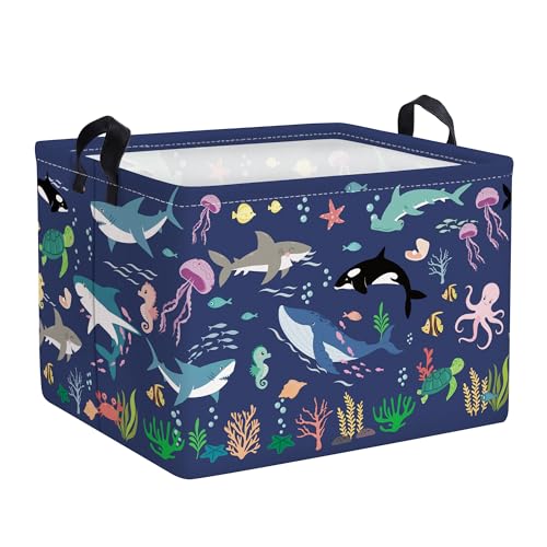 Clastyle Shark Whale Shelf Basket for Kid Waterproof Pool Beach Towel Basket Collapsible Sea Animals Blue Storage Bin Rectangle Clothes Toy Book Storage Cube