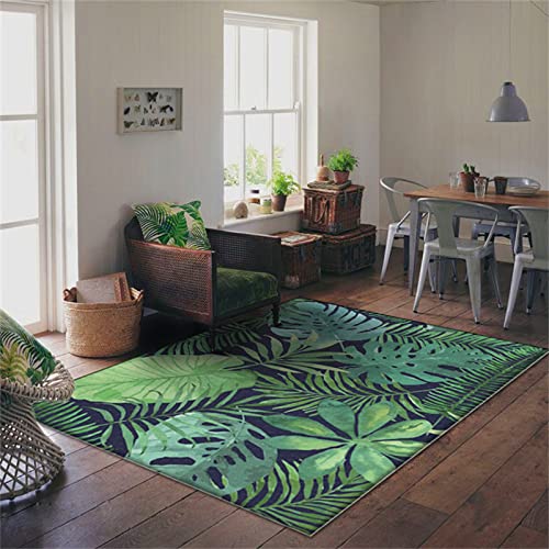 ZCLRUG Tropical Green Plant Leaf Area Rug, 3x4ft, Hawaii Jungle Palm Tree Leaves Non-Slip Rugs Washable Banana Leaf Black Living Room Floor Mats for Bedroom Bathroom Nursery Modern Home Decorate