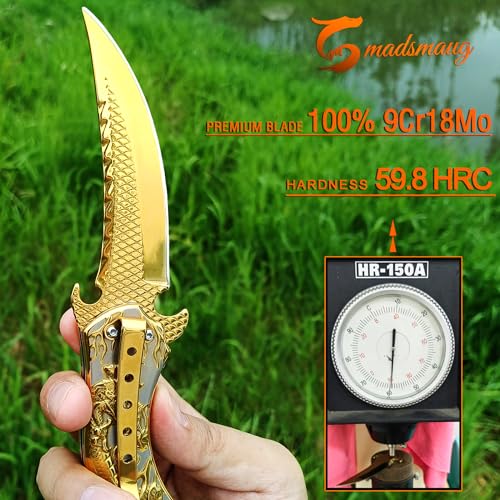 MADSMAUG Pocket Knife, 9Cr18Mo BLADE Pocket Folding Knife With Sheath, Cool 3D Dragon EDC knife, Great Gift Pocket Knife For Men Outdoor Survival Camping (Gold)