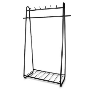 fishat heavy duty strong black garment rack clothing hanging clothes, 16" d x 41" w x 66" h with 6 display hooks, freestanding bottom shelves shoes organization, bedroom living study room entryway