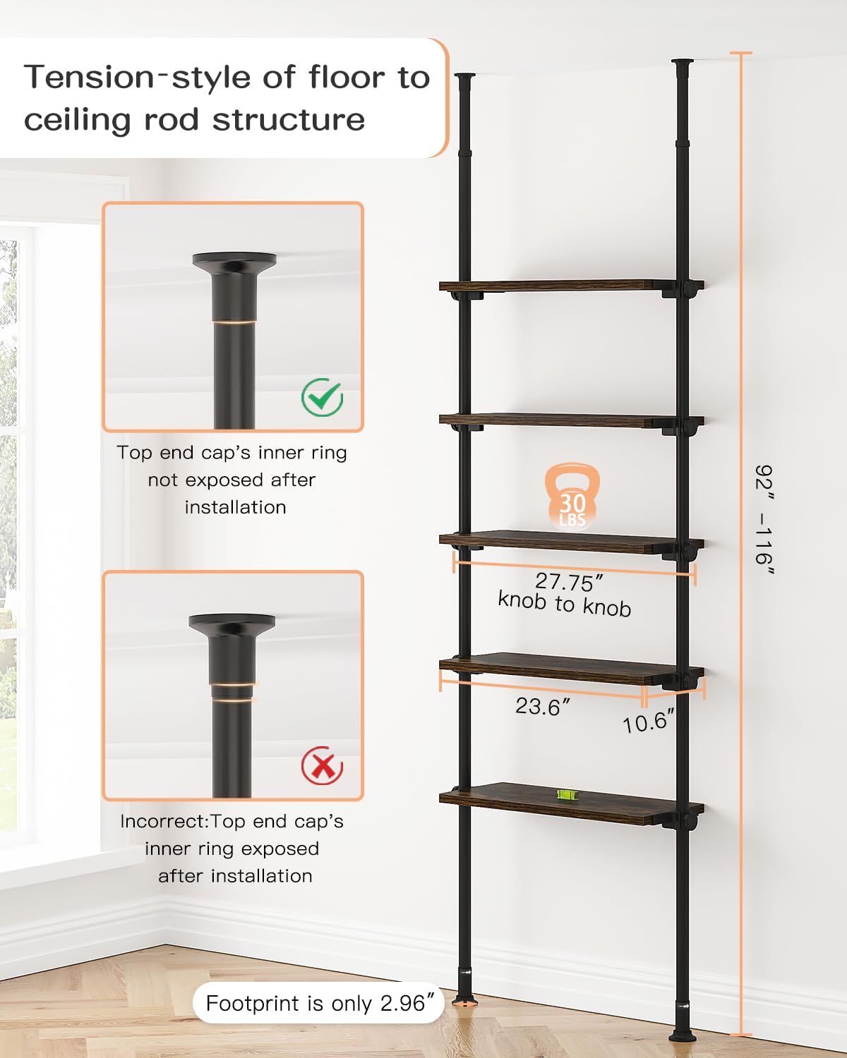 ALLZONE 5 Tiers Narrow Bookshelf, Tall Adjustable Ladder Book Shelf with Open Storage, Floor to Ceiling Tension Mount, Wooden Industrial Bookcase for Living Room, 92 to 116 Inch, Brown