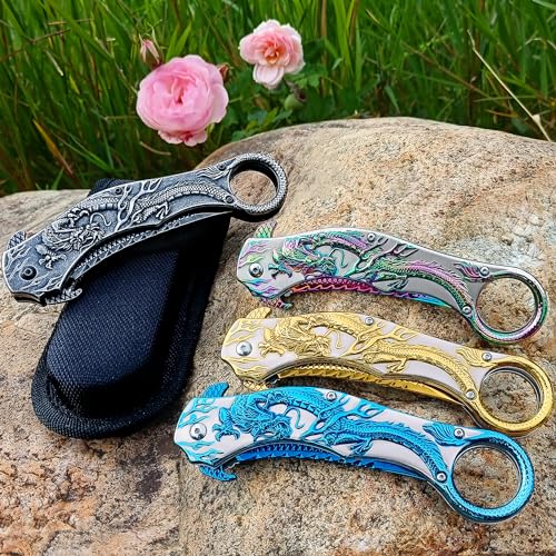 MADSMAUG Pocket Knife, 9Cr18Mo BLADE Pocket Folding Knife With Sheath, Cool 3D Dragon EDC knife, Great Gift Pocket Knife For Men Outdoor Survival Camping (Gold)