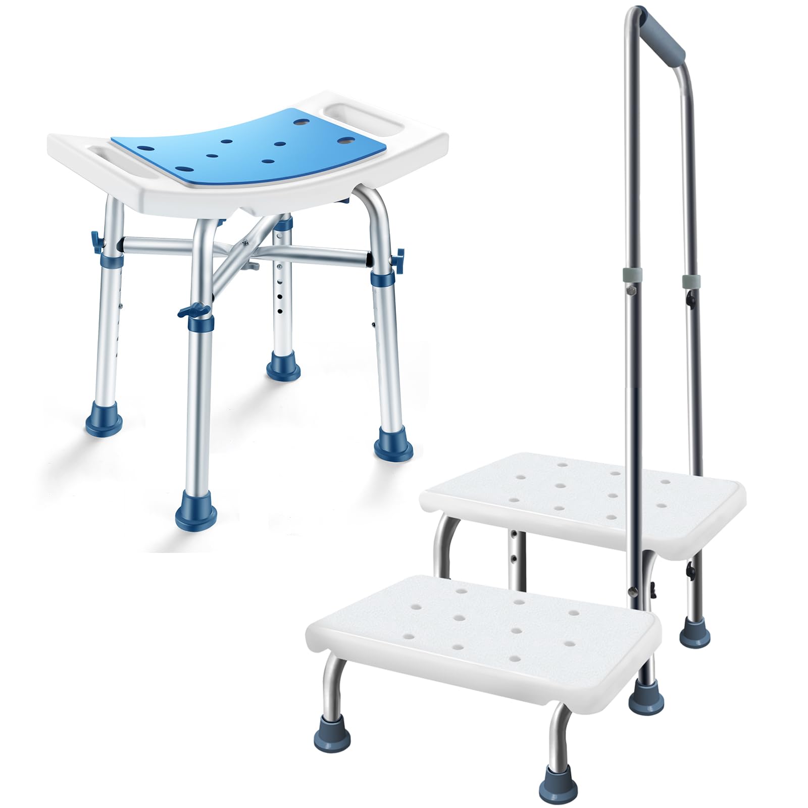 Aliseniors Step Stool with Handle & Shower Chair - Medical Foot Stool, Bath Seat - Fit for Adult, Seniors, Handicap Holds up to 350 lbs