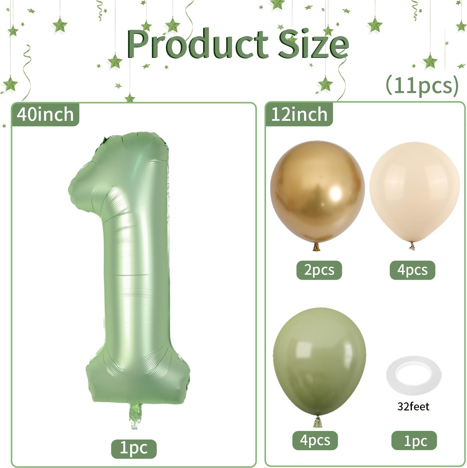 40 Inch Sage Green Number 1 Balloon, Olive Green 1st Birthday Balloons, Retro Sand White Avocado Green Gold Latex Balloons 1 Foil Balloon for Boy Girl Baby Shower 1st Birthday Jungle Party Decorations