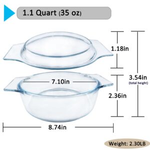 1.1 Quart (35 OZ) Small Glass Casserole Dish With Glass Lid, Covered Glass Microwavable Bowl Oven Safe, Easy Grab Glass Baking Dish for Oven