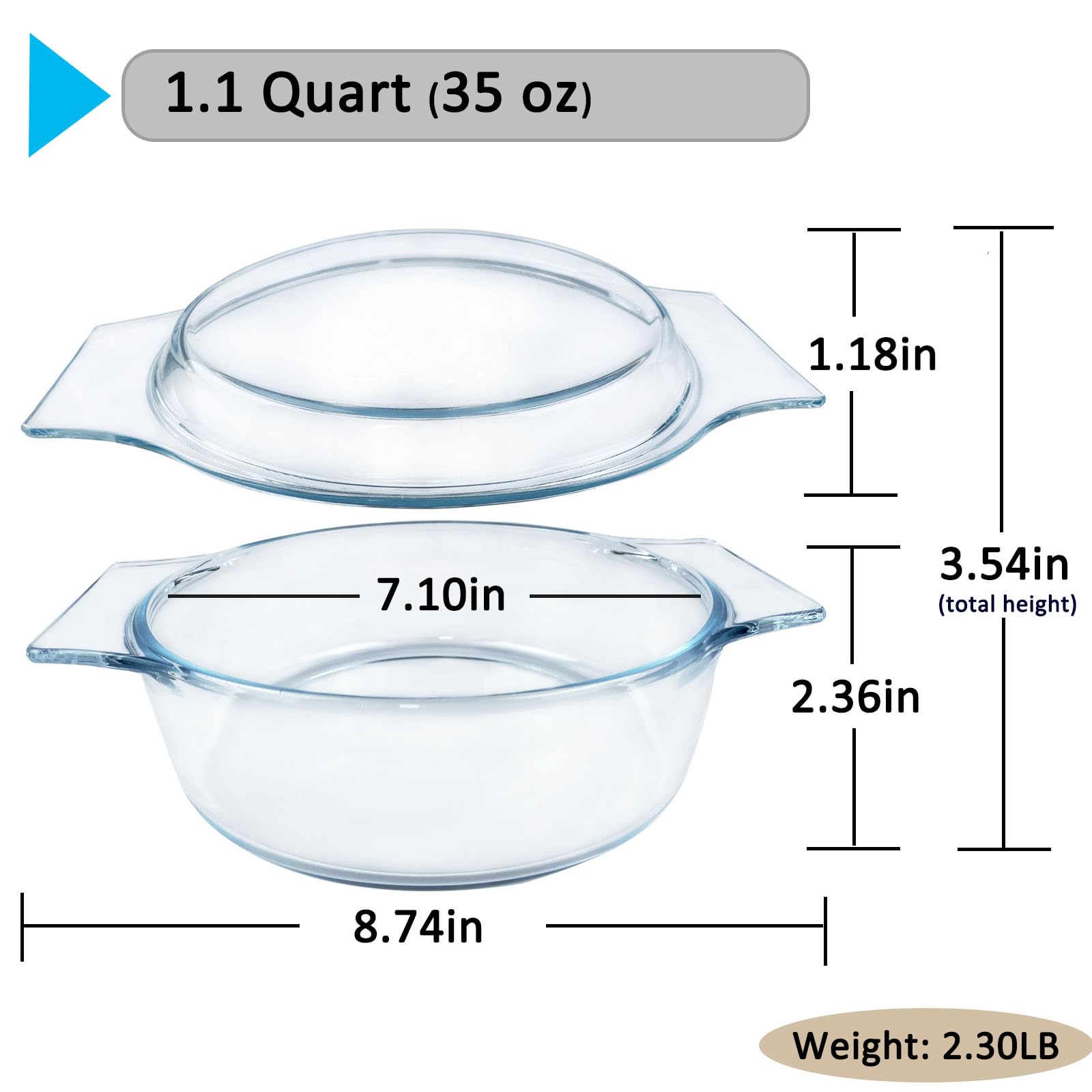 1.1 Quart (35 OZ) Small Glass Casserole Dish With Glass Lid, Covered Glass Microwavable Bowl Oven Safe, Easy Grab Glass Baking Dish for Oven