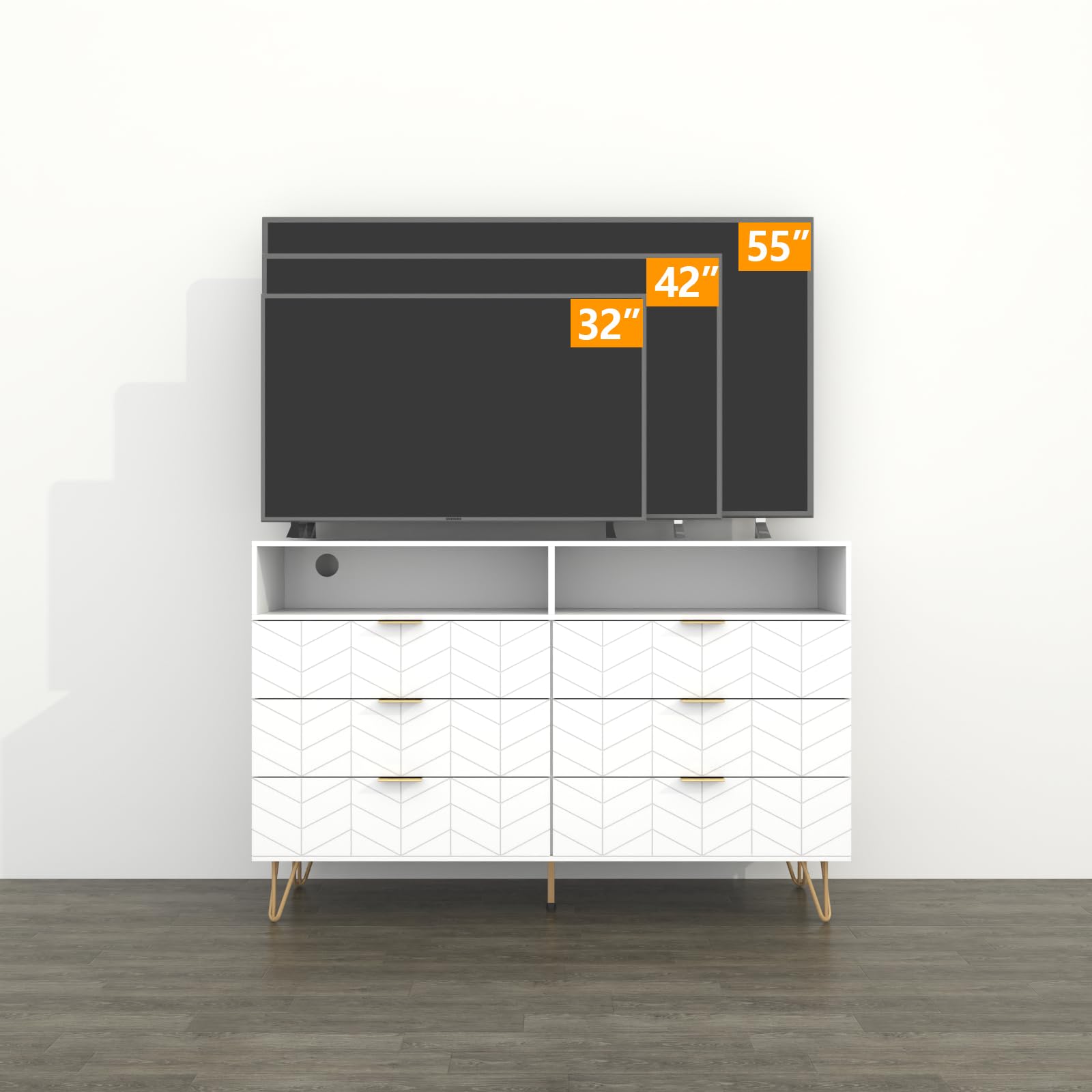 Loomie 6 Drawers Double Dresser with Power Outlet & LED Light,White Long Dresser Chests of Drawers with Storage Cubby,Wood Wide TV Dresser Stand for up to 55" for Bedroom,Hallway,Entryway