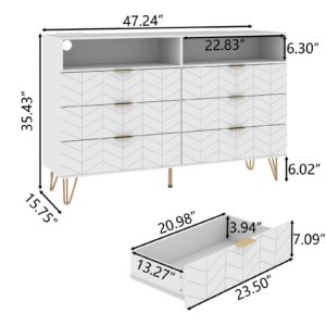 Loomie 6 Drawers Double Dresser with Power Outlet & LED Light,White Long Dresser Chests of Drawers with Storage Cubby,Wood Wide TV Dresser Stand for up to 55" for Bedroom,Hallway,Entryway