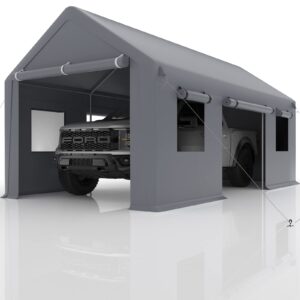 DEXSO Carport 13'x20' Portable Garage, with Heavy Duty Car Port Canopy, Height Adjustable Poles, Roll-up Doors & Windows, Large Outdoor Storage Shed for Pickup, Boat, and Equipment, Gray