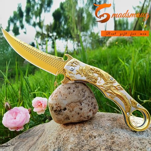 MADSMAUG Pocket Knife, 9Cr18Mo BLADE Pocket Folding Knife With Sheath, Cool 3D Dragon EDC knife, Great Gift Pocket Knife For Men Outdoor Survival Camping (Gold)