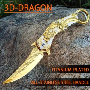 MADSMAUG Pocket Knife, 9Cr18Mo BLADE Pocket Folding Knife With Sheath, Cool 3D Dragon EDC knife, Great Gift Pocket Knife For Men Outdoor Survival Camping (Gold)