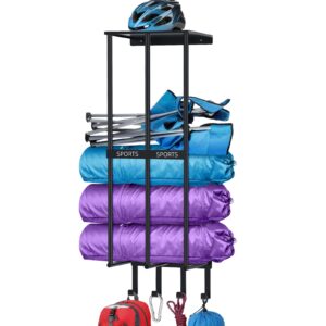 Camping Chair Storage, Metal Camping Chair Holder for Garage with 4 Hooks, Beach Chair and Umbrella Wall Storage Rack, Black