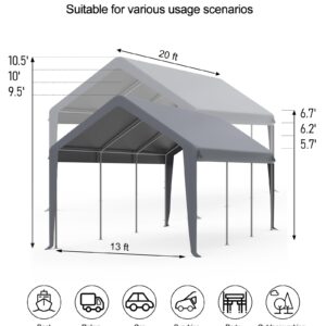 DEXSO Carport 13'x20' Portable Garage, with Heavy Duty Car Port Canopy, Height Adjustable Poles, Roll-up Doors & Windows, Large Outdoor Storage Shed for Pickup, Boat, and Equipment, Gray