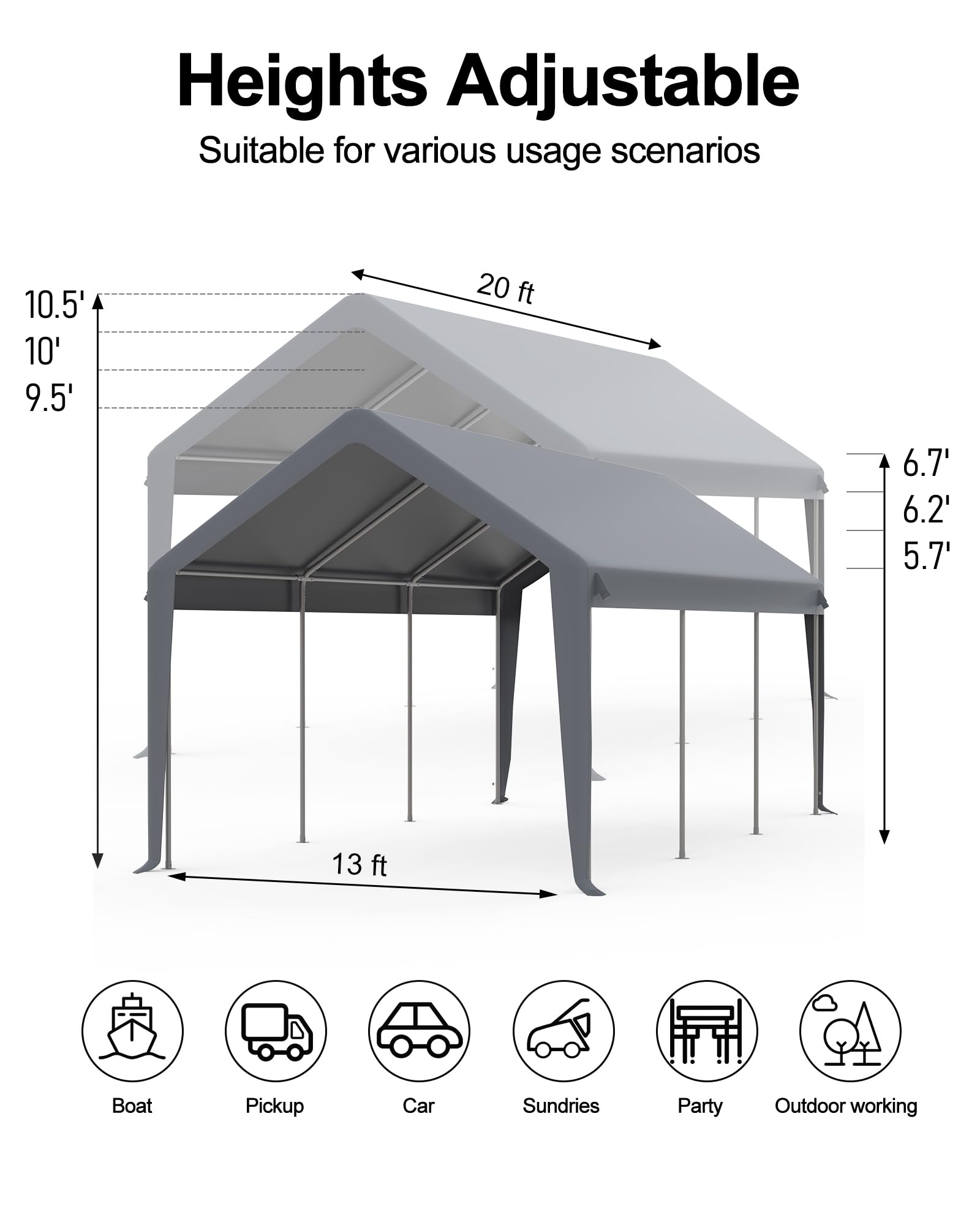 DEXSO Carport 13'x20' Portable Garage, with Heavy Duty Car Port Canopy, Height Adjustable Poles, Roll-up Doors & Windows, Large Outdoor Storage Shed for Pickup, Boat, and Equipment, Gray