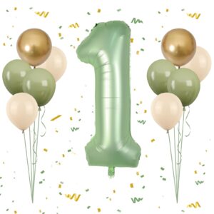 40 inch sage green number 1 balloon, olive green 1st birthday balloons, retro sand white avocado green gold latex balloons 1 foil balloon for boy girl baby shower 1st birthday jungle party decorations