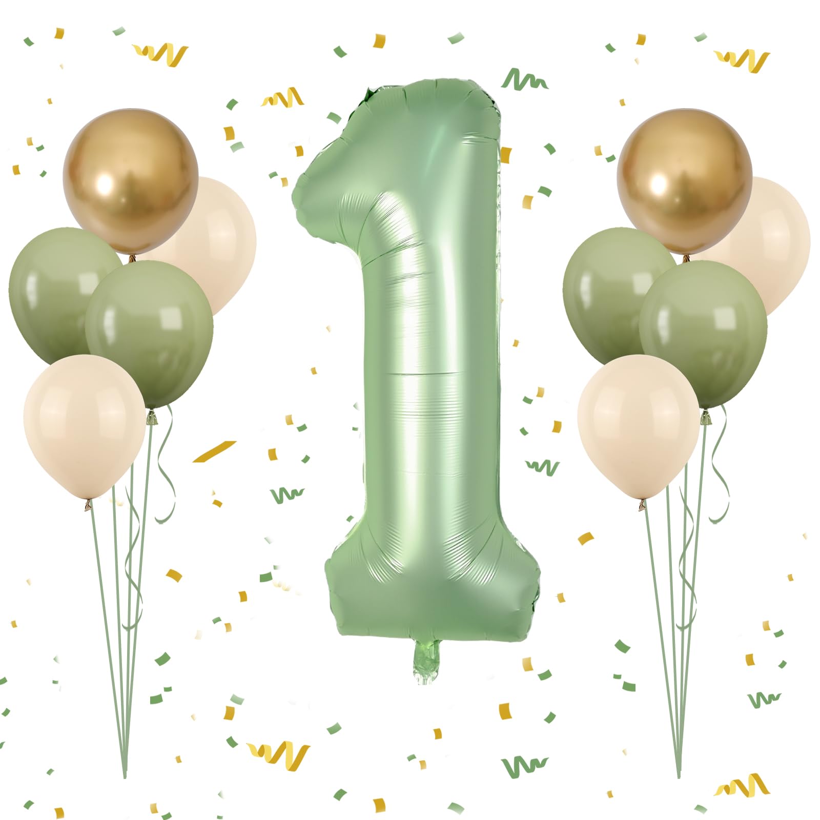 40 Inch Sage Green Number 1 Balloon, Olive Green 1st Birthday Balloons, Retro Sand White Avocado Green Gold Latex Balloons 1 Foil Balloon for Boy Girl Baby Shower 1st Birthday Jungle Party Decorations