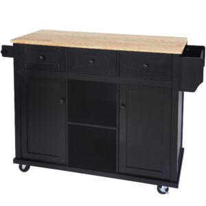 LUMISOL Kitchen Island on 5 Wheels with Wood Drop Leaf, Storage Cabinets and 3 Drawers, Rolling Kitchen Island Cart with Open Storage Shelves, Black