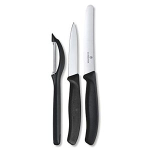 victorinox swiss classic paring knife set with peeler - includes a straight edge paring knife, serrated paring knife & fruit & vegetable peeler - black handle, 3-piece set