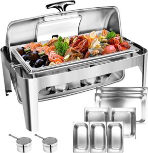 umisu 13 qt roll top chafing dish buffet set, stainless steel food warmer with perspective window for parties, birthday, hotels and weddings,1 full&2 half&3 third size food pan and 1 water pan