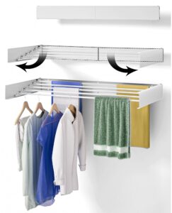 wall mounted drying rack 40",laundry drying rack collapsible, retractable clothes drying rack, 5 aluminum rods, 60 lb capacity, with wall template, screw, drill bit (white 40" large)